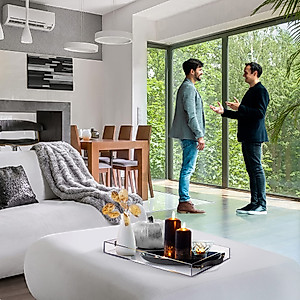 Elavain Acrylic Clear Serving Tray with Black Faux Leather Handles, Sturdy Perfume Organizer Tray, Large Tray for Ottoman Coffee Table, Countertop, Vanity, Kitchen & Living Room/ 15.75’’ x 11.8’’