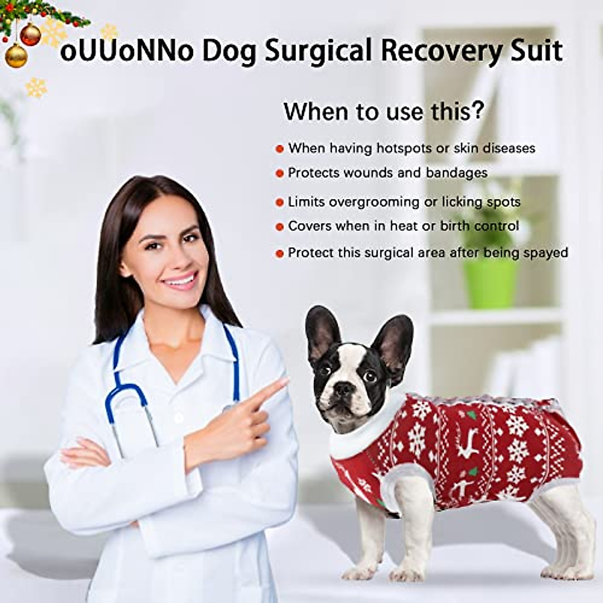 oUUoNNo Recovery Suit for Dogs,Dog Surgical Recovery Suit for Female Male Abdominal Wounds Spay or Skin Diseases,Cone E-Collars Alternatives, Anti-Licking Pet Vest Post Surgery (L, Christmas)