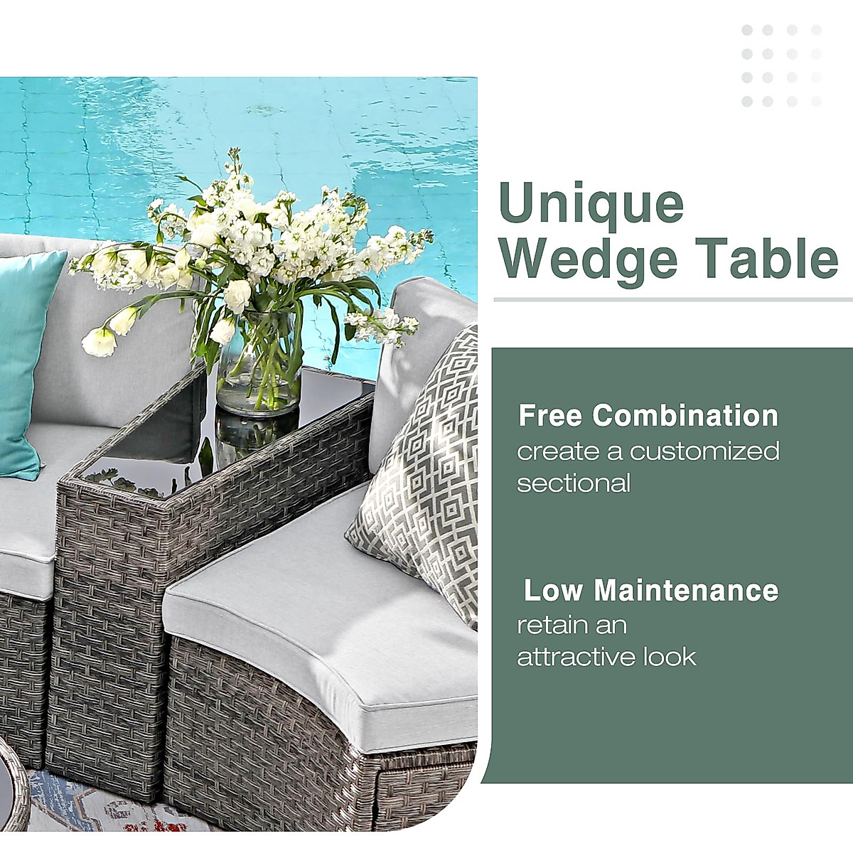 SUNSITT Outdoor Patio Furniture 11-Piece Half-Moon Sectional Round Patio Furniture Set Curved Outdoor Sofa with Tempered Glass Round Coffee Table, 4 Pillows, Grey Rattan & Light Grey Cushion