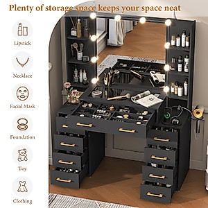 jiteentarou Glass Top Vanity Desk with Mirror and Lights, Large Vanity Makeup Mirror Desk with Charging Station Compartment Storage Drawers, Modern Makeup Vanity with 9 Drawers 6 Shelves, Black