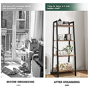 ECOMEX 4-Tier Ladder Shelf Industrial Bookshelf, Ladder Bookshelf Open Storage Rack Wood Ladder Shelf with Metal Frame, Freestanding Storage Shelves for Home Office, Bedroom (Rustic Brown)