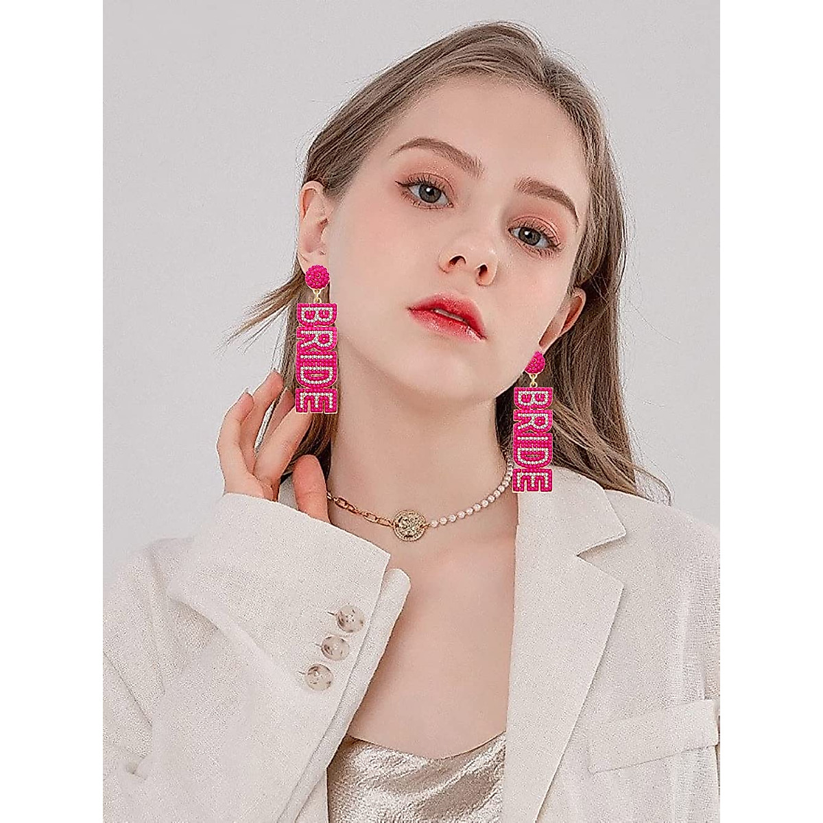 Rhinestone Bride Earrings for Women Handmade Beaded BRIDE Letter Dangle Earring Wedding Bridal Earrings Bridesmaids Bachelorette Party Gift