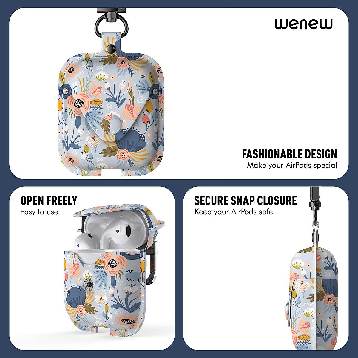 wenew Leather Case for AirPods 1 & 2, AirPods 2 case with snap Closure AirPods Leathe case for Women with Clip (Blue)