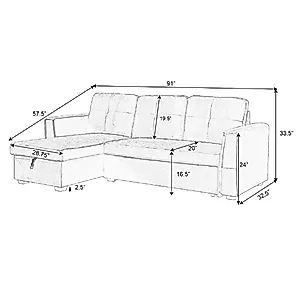 Legend Vansen 91'' L-Shaped Convertible Sectional Sleeper Sofa with Pull-Out Bed and Storage,with Reversible Chaise,Convertible Sofa for Living Room and Apartment