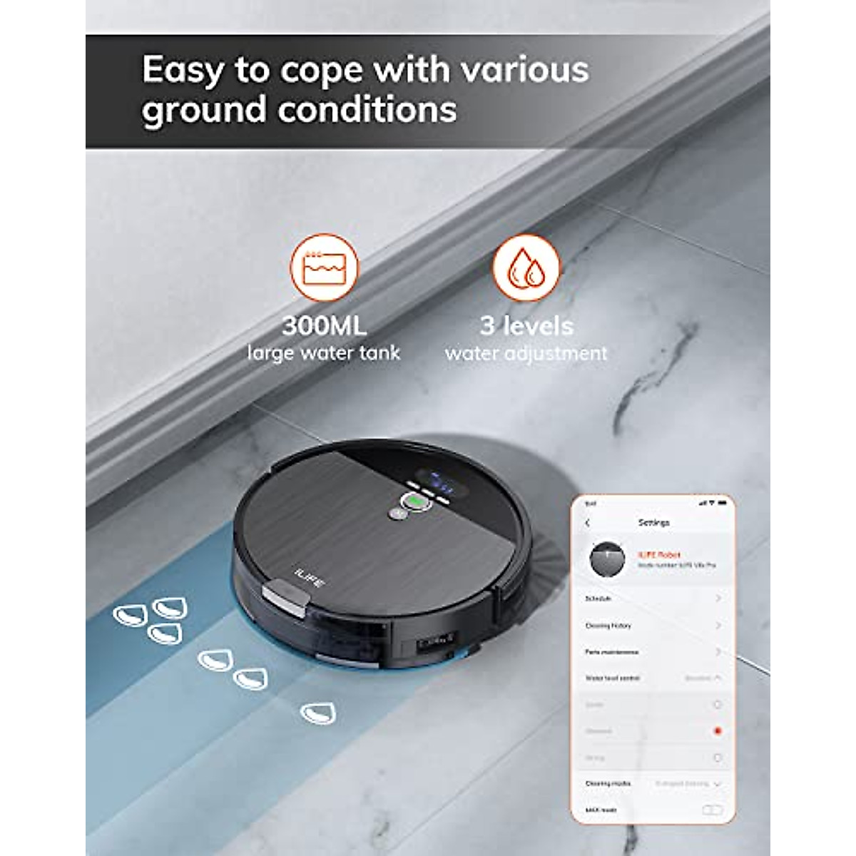 ILIFE Robot Vacuum and Mop Combo - 2000Pa Strong Suction Robotic Vacuum Cleaner with LCD Display - 750ML Dustbin Smart App Automatic Vacuum Cleaner Robot for Carpet Hardwood Floors Pet Hair (V8s Pro)