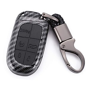 WFMJ Black Carbon Fiber + Silicone Button Smart Remote 5 Buttons Key Fob Cover Case Shell Fob for Jeep Grand Cherokee Dodge Challenger Charger Dart Durango Journey Chrysler 300