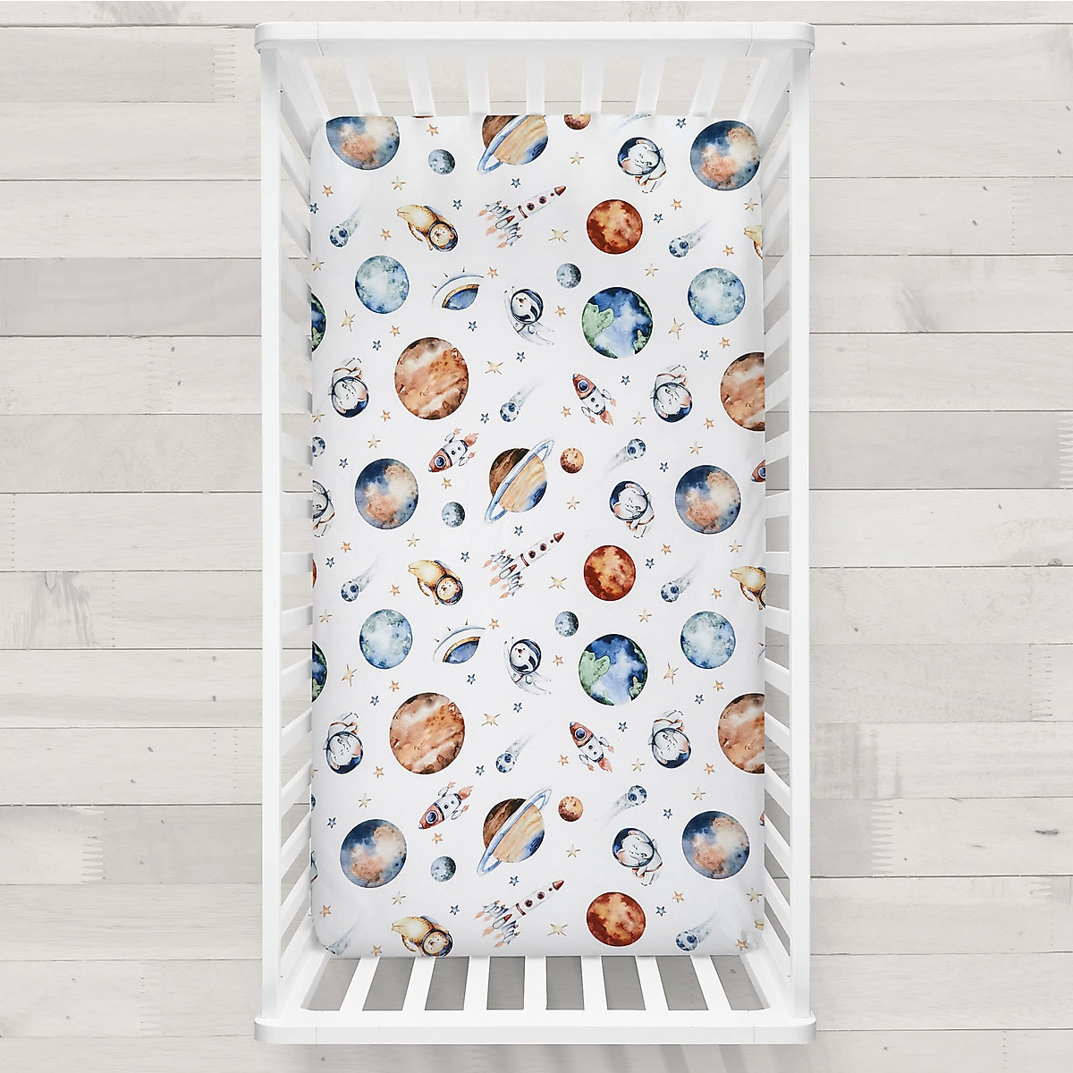 Outer Space Crib Sheet | Extra Soft and Stretchy Jersey Knit Cotton | Unique Watercolor Design