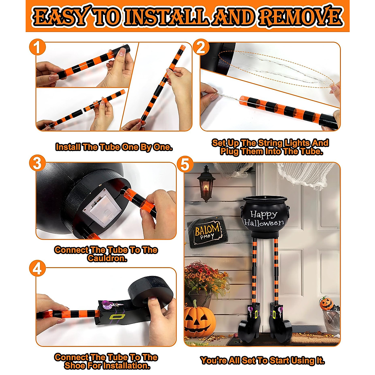 [ Orange Lights & Timer] Halloween Decorations - Halloween Candy Bowls, 2 Ft Large Witches Legs Candy Bowl Cauldron Hocus Pocus Bucket Candy Holder for Indoor Front Porch Home House Lawn Yard Outside