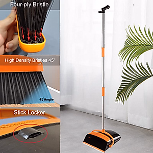 Broom and Dustpan Set - Upright Dustpan and Broom Combo Set - Self Cleaning with Dustpan Teeth Standing Dust Pan for Home Kitchen Easy Assembly, Orange