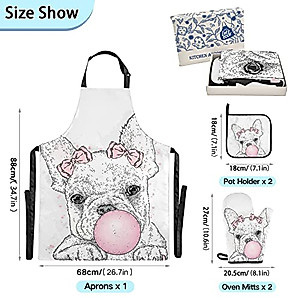 Cute French Bulldog Puppy with Pink Gum Cooking Apron Heat Insulated Microwave Oven Mitts with Pot Holder Pad Kitchen Decor 5Pcs Set Oven Gloves Protectors Mat for Grilling Baking