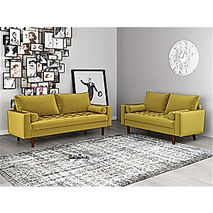 Container Furniture Direct Womble Mid Century Modern Velvet Couch for Living Room with 3 Seater Tufted Seat and Sturdy Wood Frame, Includes Bolster Pillows, Sofa, Dijon