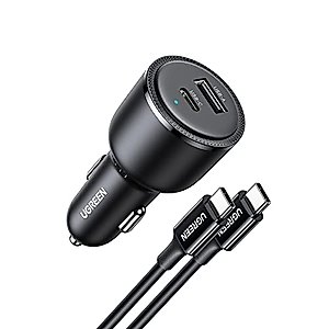 63W USB C Car Charger Adapter, UGREEN PSS 45W Super Fast Charging Type C Car Charger with 3.3FT 5A Cable, Dual USB Car Charger Compatible with Samsung Galaxy S23/S22/S21 Series, iPhone/iPad/MacBook