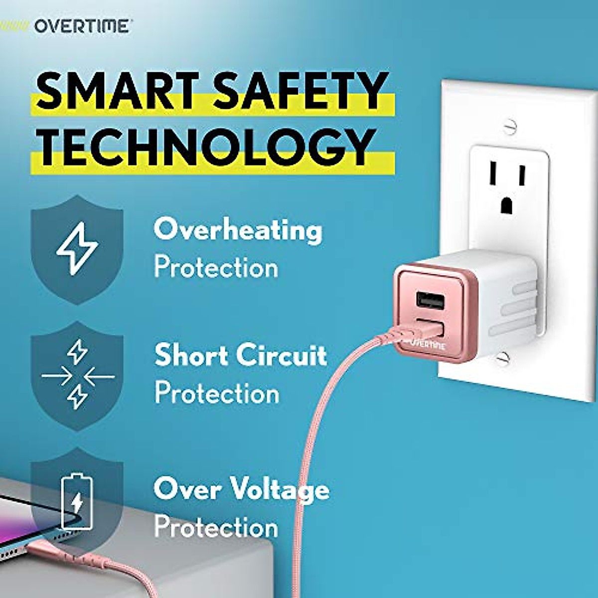 iPhone Charger Set, 2-Pack Overtime Apple MFi Certified Lightning Cables with 1 Dual USB Wall Adapter - 2.4 AMP Compatible w/iPhone 11 Pro Max XS XR X 8 7 6S 6 Plus SE iPad (Rose Gold/Rose Gold, 10ft)