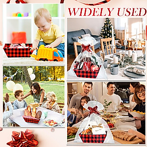 22 Pcs Basket for Gifts Empty Kit Includes 6 Pcs Gift Basket Empty to Fill 6 Pcs Clear Gift Bags 10 Pull Bows Market Tray Favor for Valentines Wedding Holiday Birthday Gift Package (Red Black Plaid)
