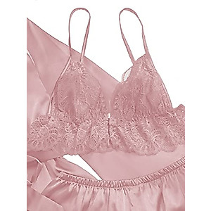 Verdusa Women's Satin Pajama Set 3 Piece Lace Trim Camisole and Shorts with Robe Pink L