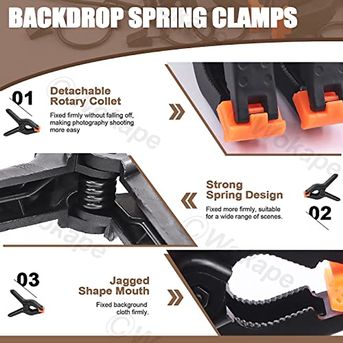 WOKAPE 22 Packs Photography Backdrop Clips Clamps, Include 10 Curtain Ring Clips, 6 Spring Clamps, 6 Leather Background Clips Holder for Photo Studio Backdrop Background Helper Photo Clamp