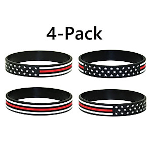 Great 1 Thin Red Line American Flag Silicone Stretchable Bracelet 4-Pack - Fireman Firefighter