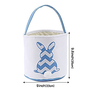 Cootato Easter Bunny Basket Bags for Kids, Stripe Rabbit Pattern Egg Basket Hunt Bags Personalized Canvas Cotton Bucket with Fluffy Tail for Easter Eggs, Candy, Gift (Blue)