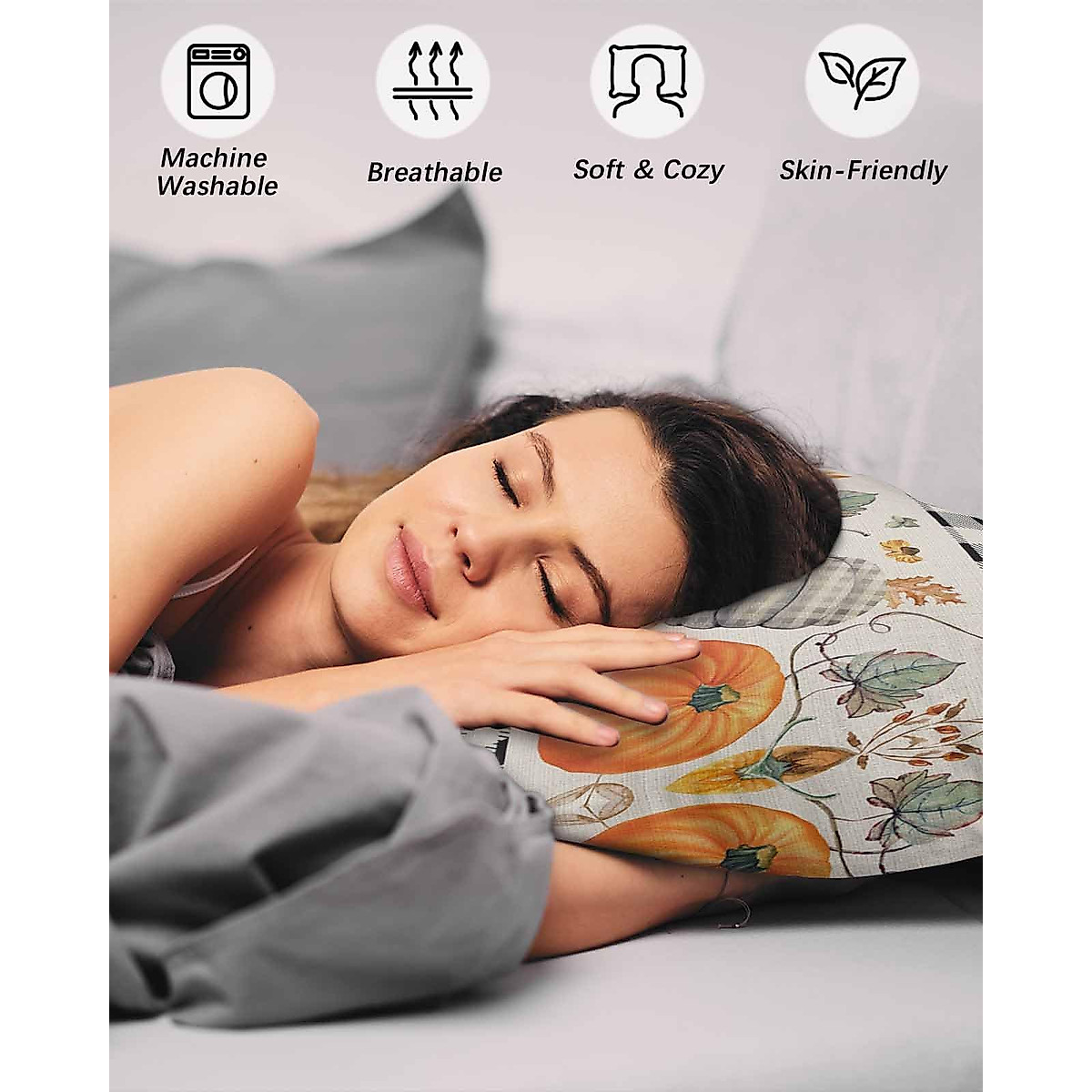 Thanksgiving Pillow Covers Standard Size Set of 2 Bed Pillow, Black White Plaid Pumpkin Fallen Leaves Farmhouse Plush Soft Comfort for Hair/ Skin Cooling Pillowcases with Envelop Closure 20''x26''