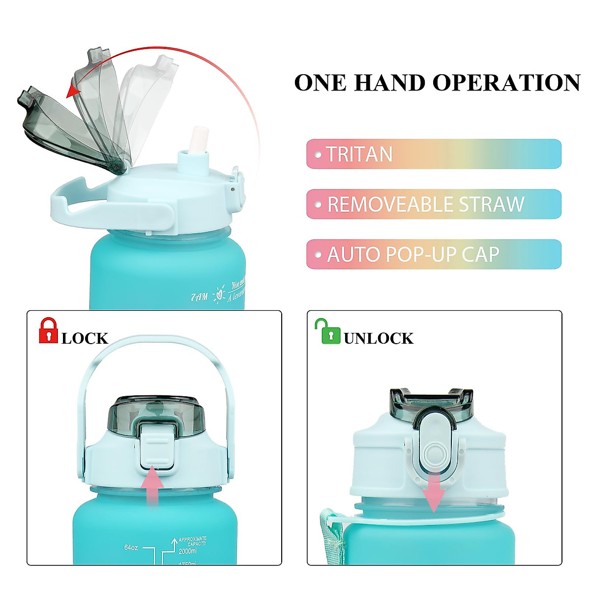 64 oz Water Bottle with Straw 3PCS Half Gallon Water Bottle with Time Marker Large Resuable Cut Motivational Water Bottle for Gym Sports Big Circle Pink Water Bottles with Handle (gradient blue)