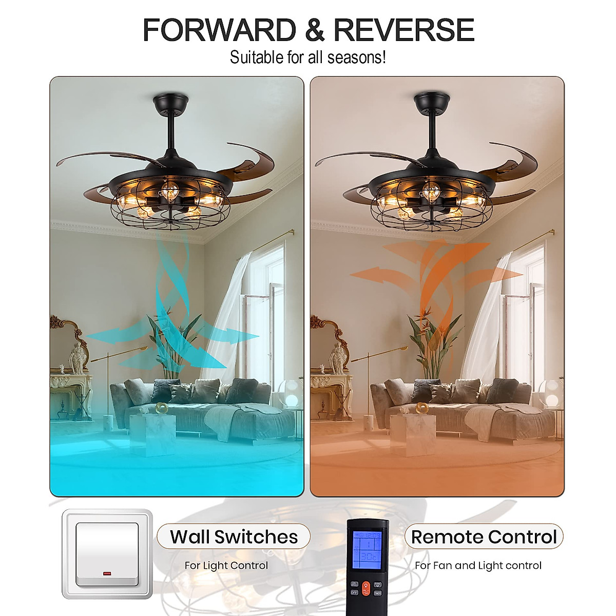 APBEAMLighting 48 Inches Retractable Ceiling Fan Industrial Caged Ceiling Fan Reversible Blades Black Farmhouse Ceiling Fan with Lights and Remote Control for Living Dining Room