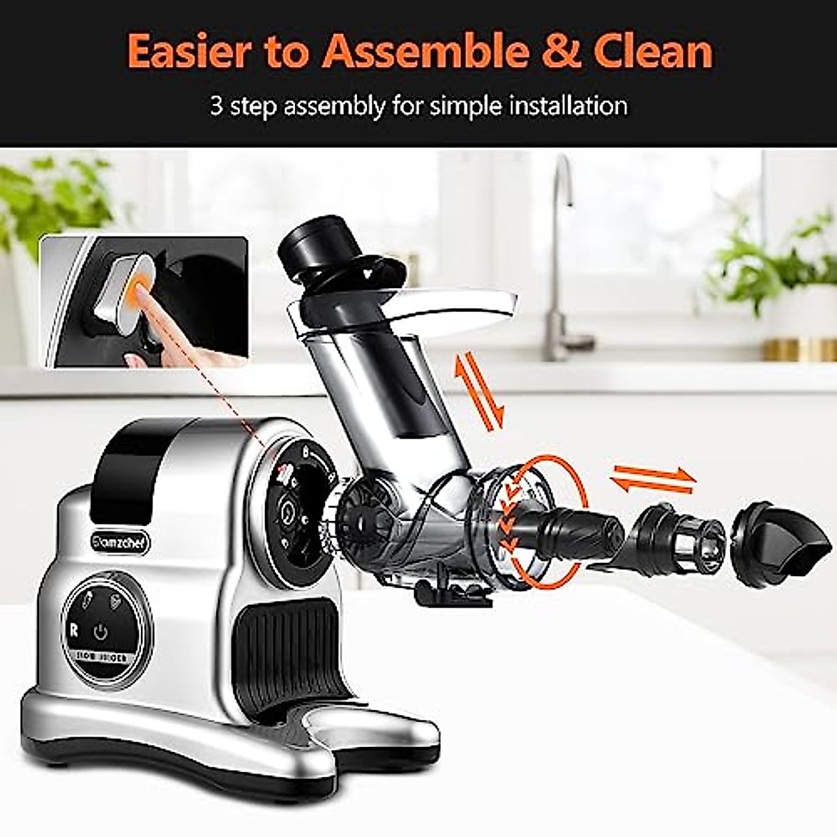Juicer Machines Cold Pressed, AMZCHEF 3" Wide Chute Slow juicer, High Nutrition Juicer Slow Masticating with 2-Speed Modes & Reverse Function (Gray)