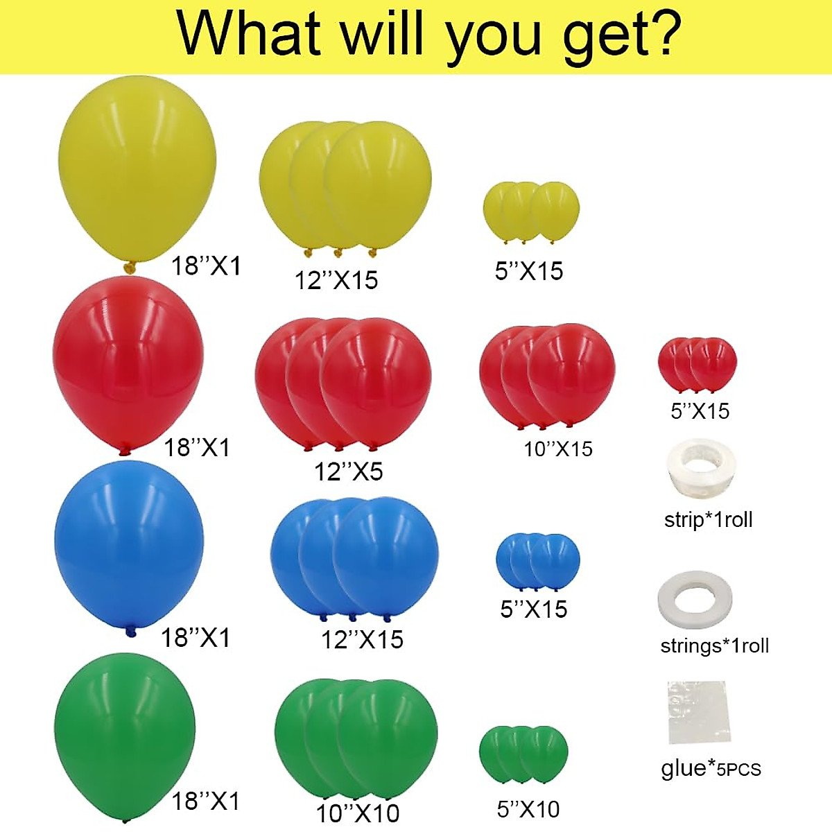 Red Blue Yellow Green Balloons Arch Kit-Different Sizes of Red Blue Yellow Green Balloons for Birthday Baby Shower Carnival Circus Party Decorations