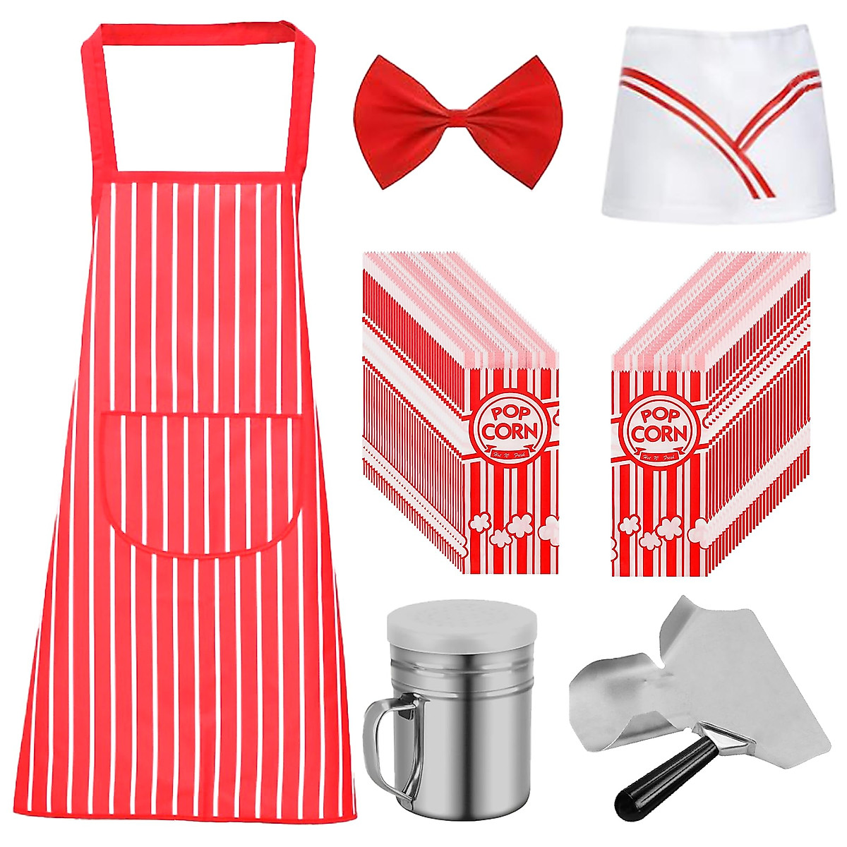 MENJITO 200 Pcs Popcorn Bags with Popcorn Scoop & Salt Shaker and Popcorn Red White Striped Apron with Chef Hat and Bow Tie | 200 pcs Food Grade Popcorn Bags for Movie Night & Birthday Party