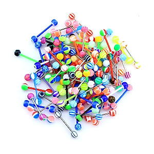 CM Crareesi Mania 50pcs Tongue Rings Pack 14g 316L Stainless Steel Tongue Rings Barbells Assorted Colors Flexible Multicolor Tongue Bars