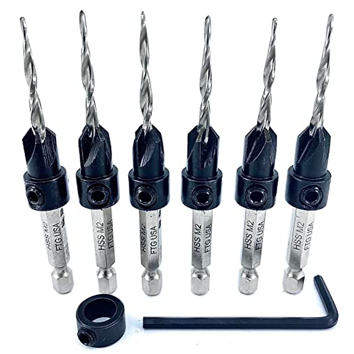 FTG USA Countersink Drill Bit Set 6 Pc #6 (9/64") Parabolic Flute Wood Countersink Drill Bit, Pro Pack Countersink Bit, Tapered Drill Bits for Countersink with 1 Depth Stop Collar and 1 Hex Wrench