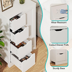Vongrasig Bathroom Floor Storage Cabinet, Wooden Storage Organizer with 4 Drawers and 1 Door, Freestanding Pantry Cabinet with Adjustable Shelves for Bathroom, Living Room, Kitchen, Entryway, White