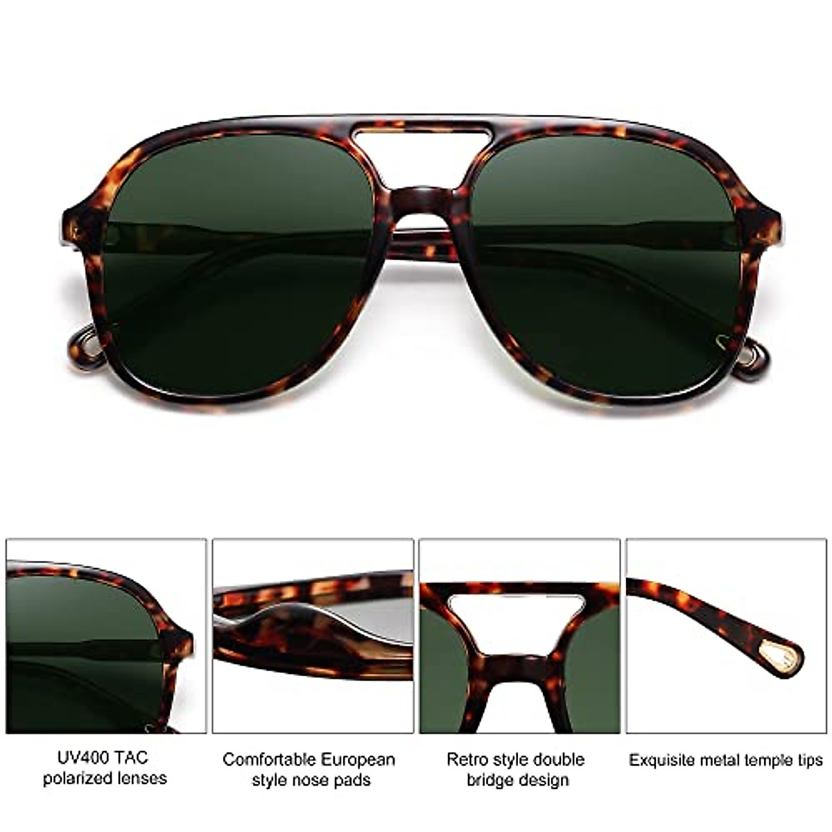 SOJOS Retro Square Polarized Aviator Sunglasses Womens Mens 70s Vintage Double Bridge Sun Glasses SJ2174, Dark Tortoise/Green