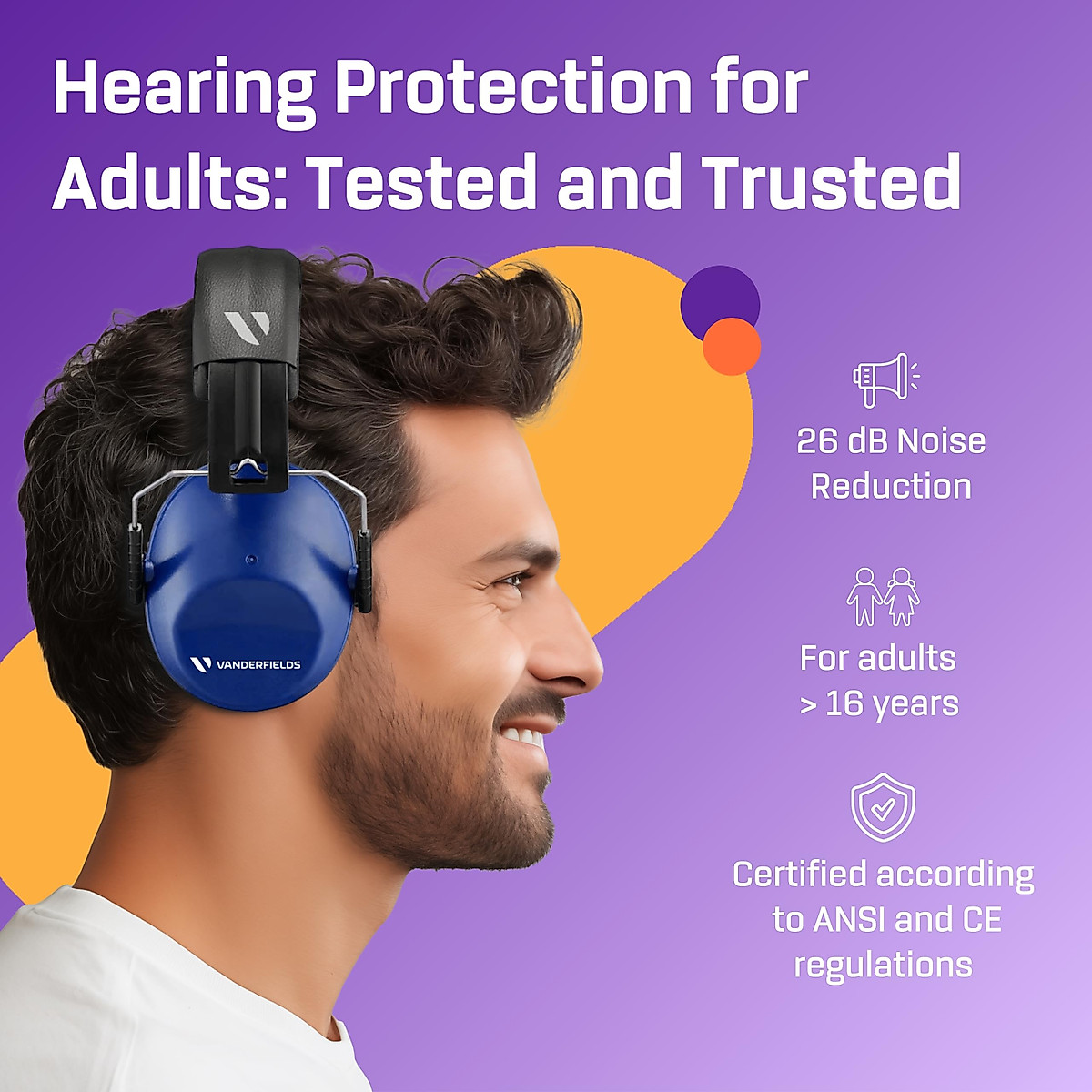 Vanderfields Hearing Protection Ear Muffs for Noise Reduction, 26dB Certified, Noise Cancelling Safety Ear Protection for Shooting, Adult Headphones for Lawn Mowing, DIY, Construction, Woodworking