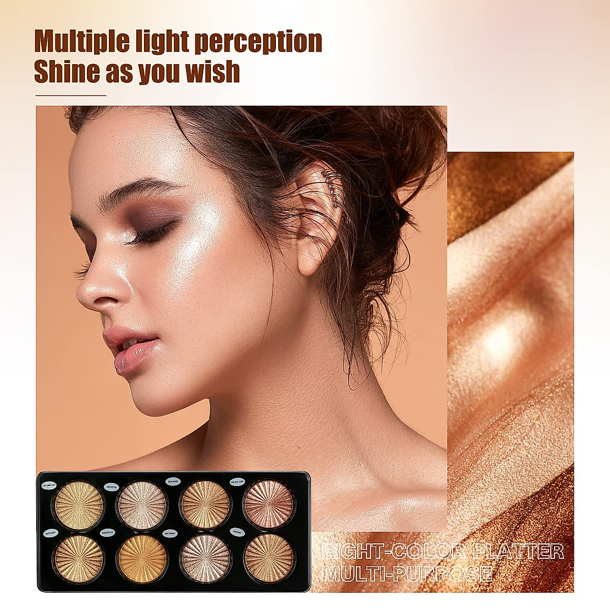 Beteligir 8 Color Highlighter Powder Palette, Facial Bronzers Illuminator Palette Highlighter, Long Lasting Brilliant Lighten Skin Color Face Make Up Palette Set (01)