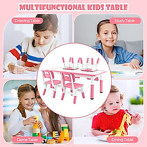 HONEY JOY Kids Table and Chair Set, Height Adjustable Children Activity Table and 4 Chairs Set w/Erasable Graffiti Desktop, Toddler Table and Chair Set for Daycare, Classroom, Home (Pink)