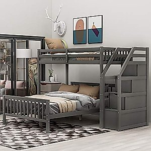 Harper & Bright Designs Twin Over Full Loft Beds, Bunk Beds Twin Over Full with Stairway and Storage, Full-Length Guardrail, No Box Spring Needed (Grey Twin Over Full Bun Beds)