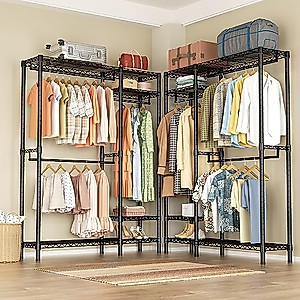 Heavy Duty Clothes Rack Clothing Rack for Hanging Clothes,Large Metal Garment Rack with 4 Tiers Adjustable Wire Shelves&3 Hanger Rods,Freestanding Closet Wardrobe System,MaxLoad 700lbs
