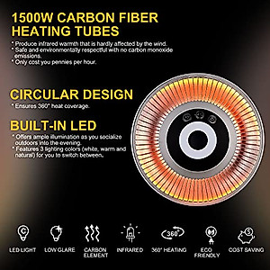 Festa Essential IP55 1500W Electric Hanging Patio Heater for Outdoors w/Infrared Carbon Tubes, LED Light, Tilt Switch and Pole Mounting Hole - Black