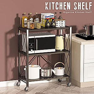 MYDENIMSKY 3-Tier Storage Shelves, Metal Storage Shelves Rack, Foldable Shelving Units with Wheels, Wire Shelving Units No Assemble Required, Movable Garage Shelves, Kitchen and Garden Shelves, Black