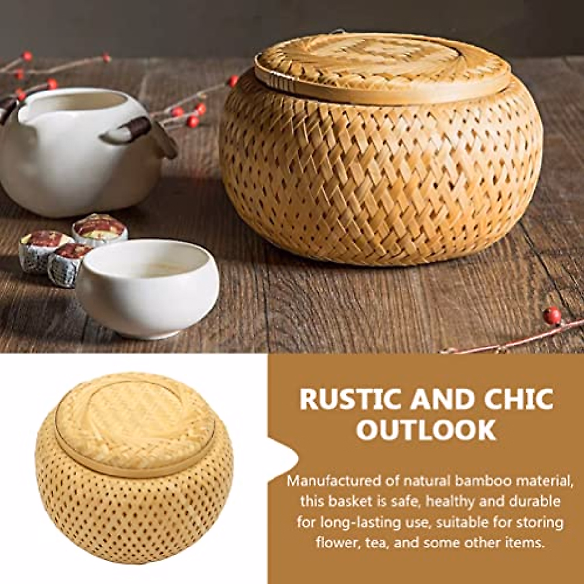 Hemoton Woven Tea Basket Food Serving Baskets with Lid Woven Wicker Basket Round Woven Wicker Basket Log Color