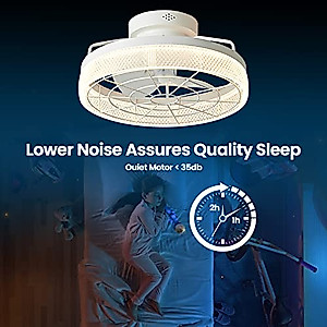 YUZEAL 18.9 Inch Low Profile Ceiling Fans with Lights and Remote, Modern Small bladeless Farmhouse Caged Round Flush Mount Dimmable LED Lighting, Memory, 3 Colors, Reversible Blades (White)