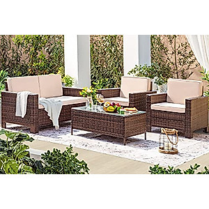 Homall 4 Pieces Outdoor Patio Furniture Sets Rattan Chair Wicker Conversation Sofa Set, Indoor Backyard Porch Garden Poolside Balcony Use (Beige)