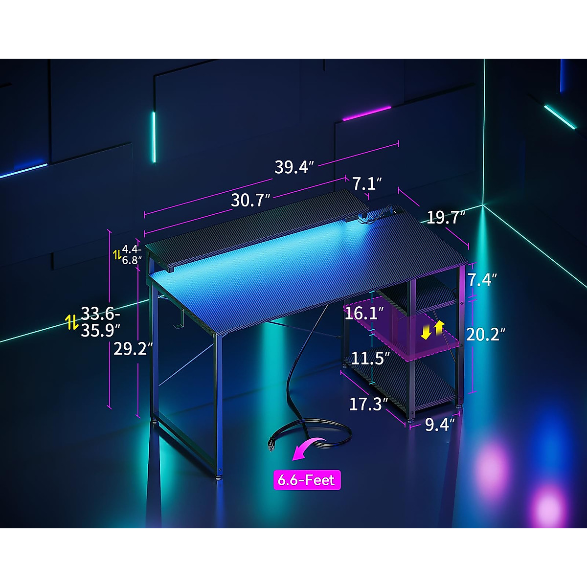 MOTPK Gaming Desk with Led Lights & Power Outlet, 40 Inch Small Gaming Computer Desk with Shelves, Reversible Gamer Desk Table with Adjustable Monitor Stand & Headphone Hook, Carbon Fiber Texture