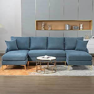 110" W Convertible Sectional Sofa with Reversible Chaise Lounge and Activity Ottoman, Polyester Blend U-Shape Modular Sectional Couch, 4-Seat Upholstered Sofa Couch for Living Room Apartment, Blue