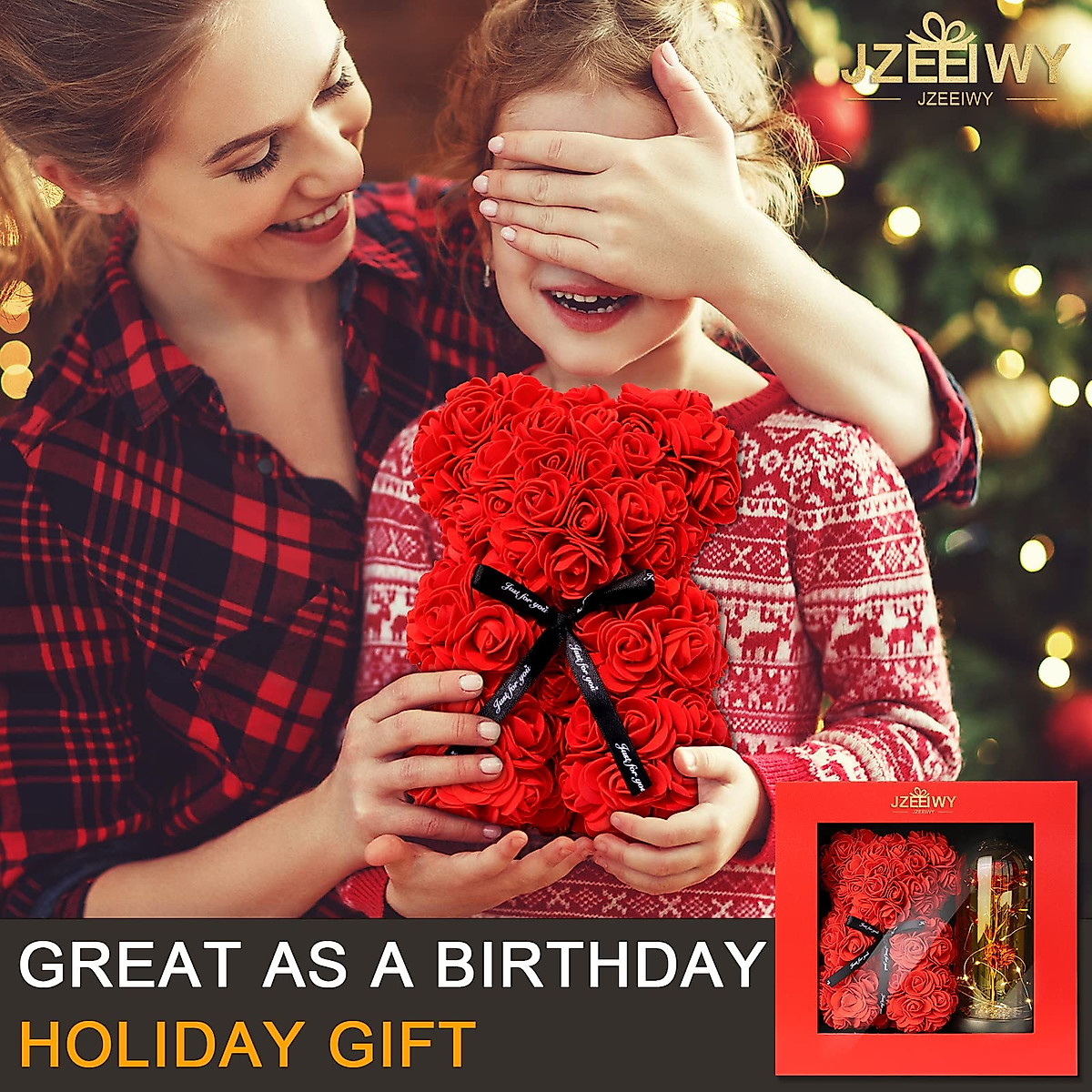 JZEEIWY Flower Rose Bear for Mom,Perfect Birthday Romantic Gift for Wife Daughter Girlfriend Friend Her,Light up Rose in Glass Dome for Birthday Anniversary Mothers Day Valentines Day