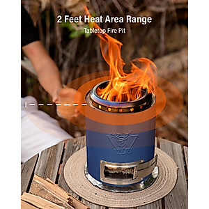 YEFU Tabletop Fire Pit 9.7 x 7.1 in, Flame Intensity Control Camping Stove for Outdoor & Patio, Fueled by Pellets or Wood, Safe Burning Table Top Firepit, with Travel Bag & 2 Mini Sticks, Blue