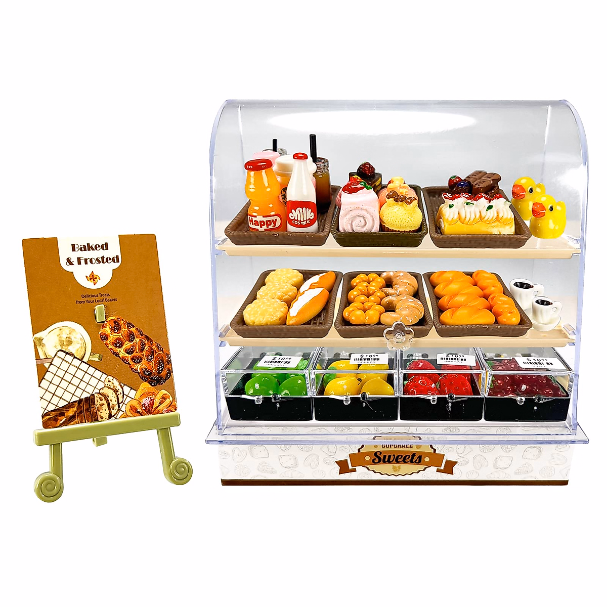 86 Pieces Miniature Bakery Case Cake Stand Display Cabinet with Food Set Mini Plastic Counter Dessert Donuts for 1:12 Doll House Store Scene Decoration Gift Dollhouse Bread Shop Model Playhouse