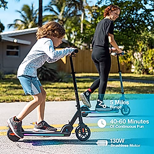 SmooSat PRO Electric Scooter for Kids Ages 8+ 130W, Colorful Rainbow Lights, 5/8/10 MPH, 60 min Ride Time, LED Display, Adjustable Height, Foldable E-Scooter for Kids and Teens, Black