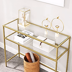 VASAGLE 39.4 Inch Console Sofa Table, Modern Entryway Table, Tempered Glass Table, Metal Frame, 2 Shelves, Adjustable Feet, for Living Room, Hallway, Gold Color ULGT025A01