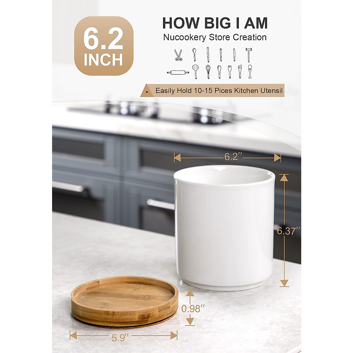 Nucookery 360° Rotating Utensil Holder, 7.2" Large Utensil Crock, White Ceramic Cooking Utensil Organizer with Countertop-Protection Cork Bottom for Farmhouse Kitchen Decor Gift (White)